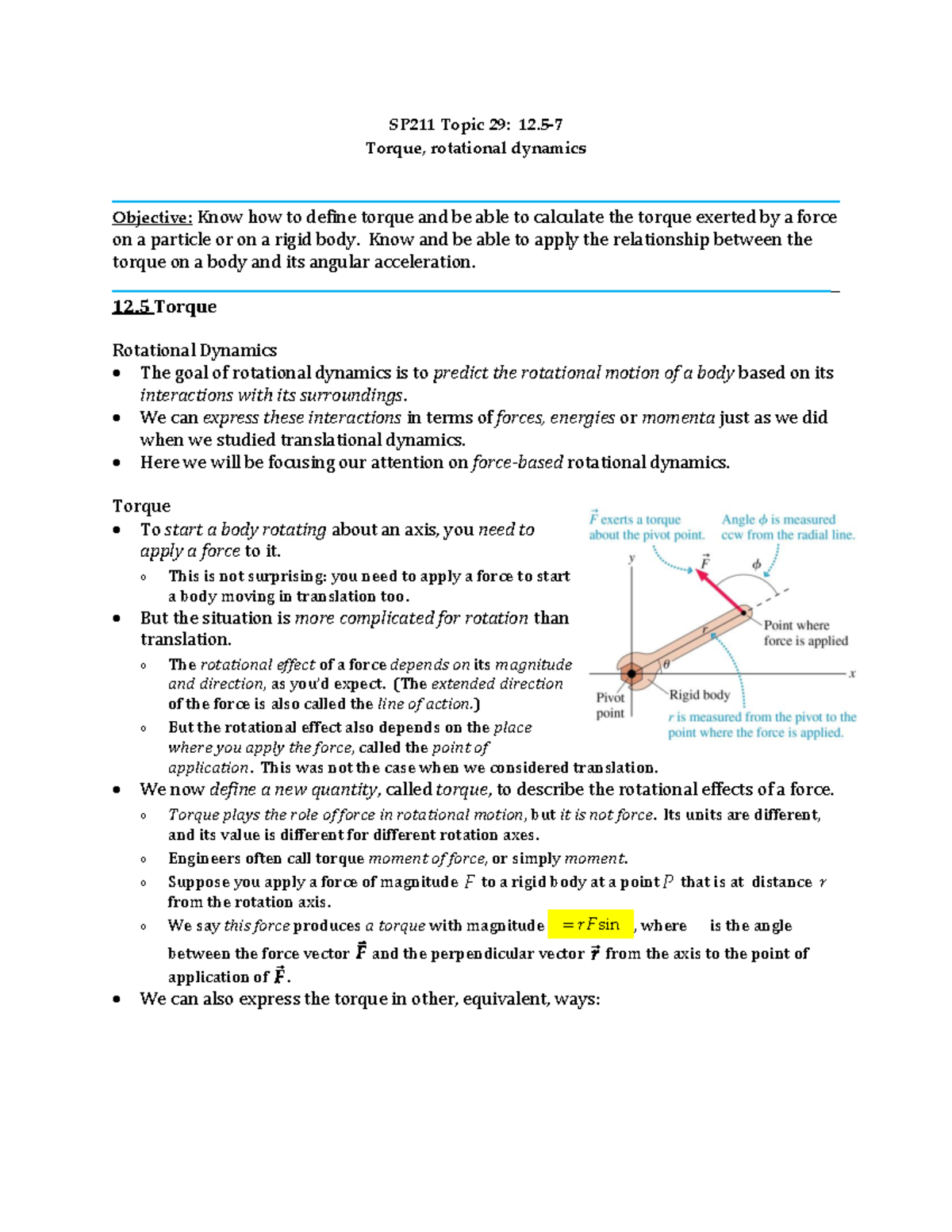 Topic 29;Torque, rotational dynamics - SP211 Topic 29: 12- Torque ...