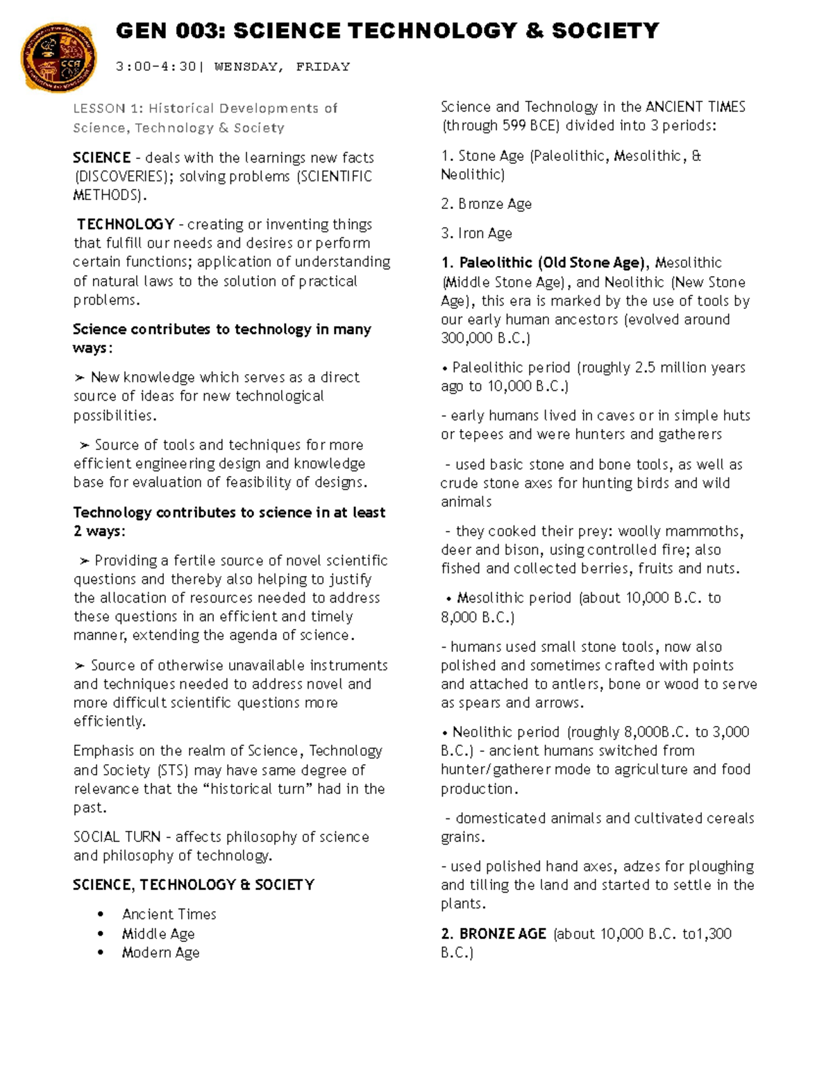 GEN-003- Notes - 3:00-4:30| WENSDAY, FRIDAY LESSON 1: Historical ...