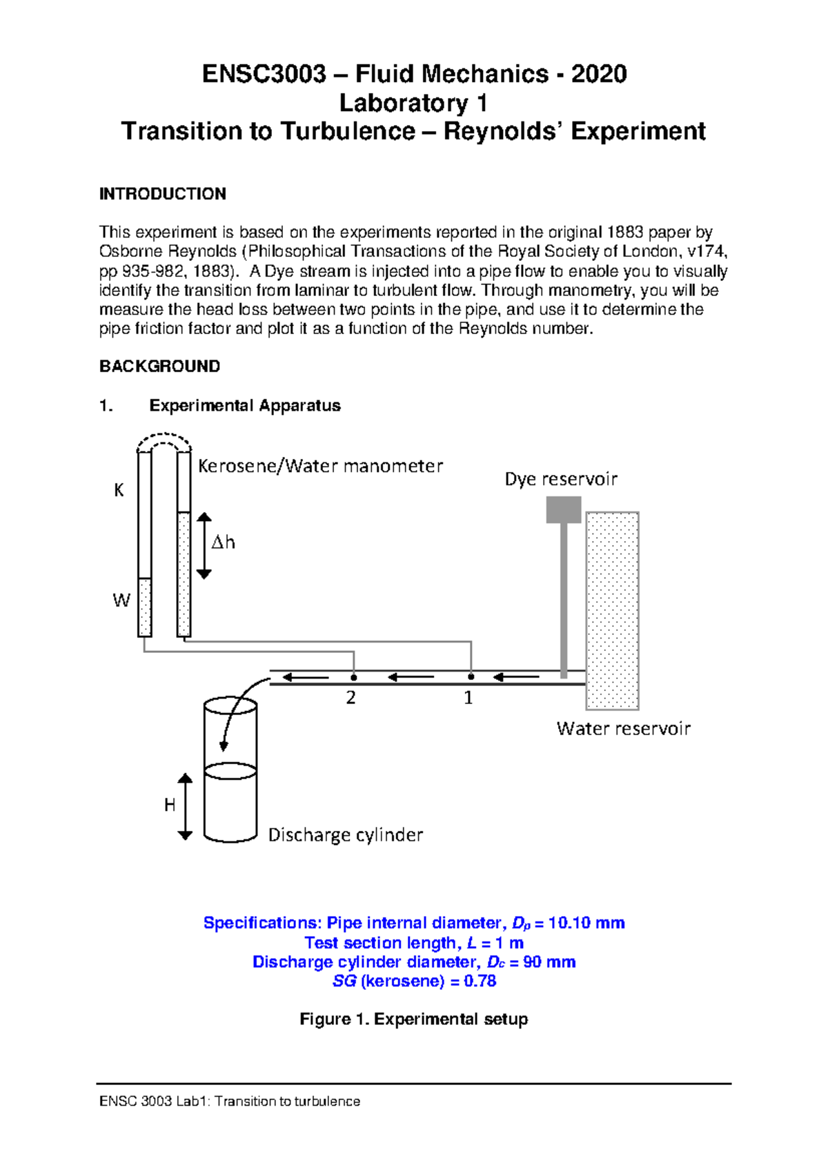 ENSC3003.Lab1 - ENSC3003 – Fluid Mechanics - 2020 Laboratory 1 ...