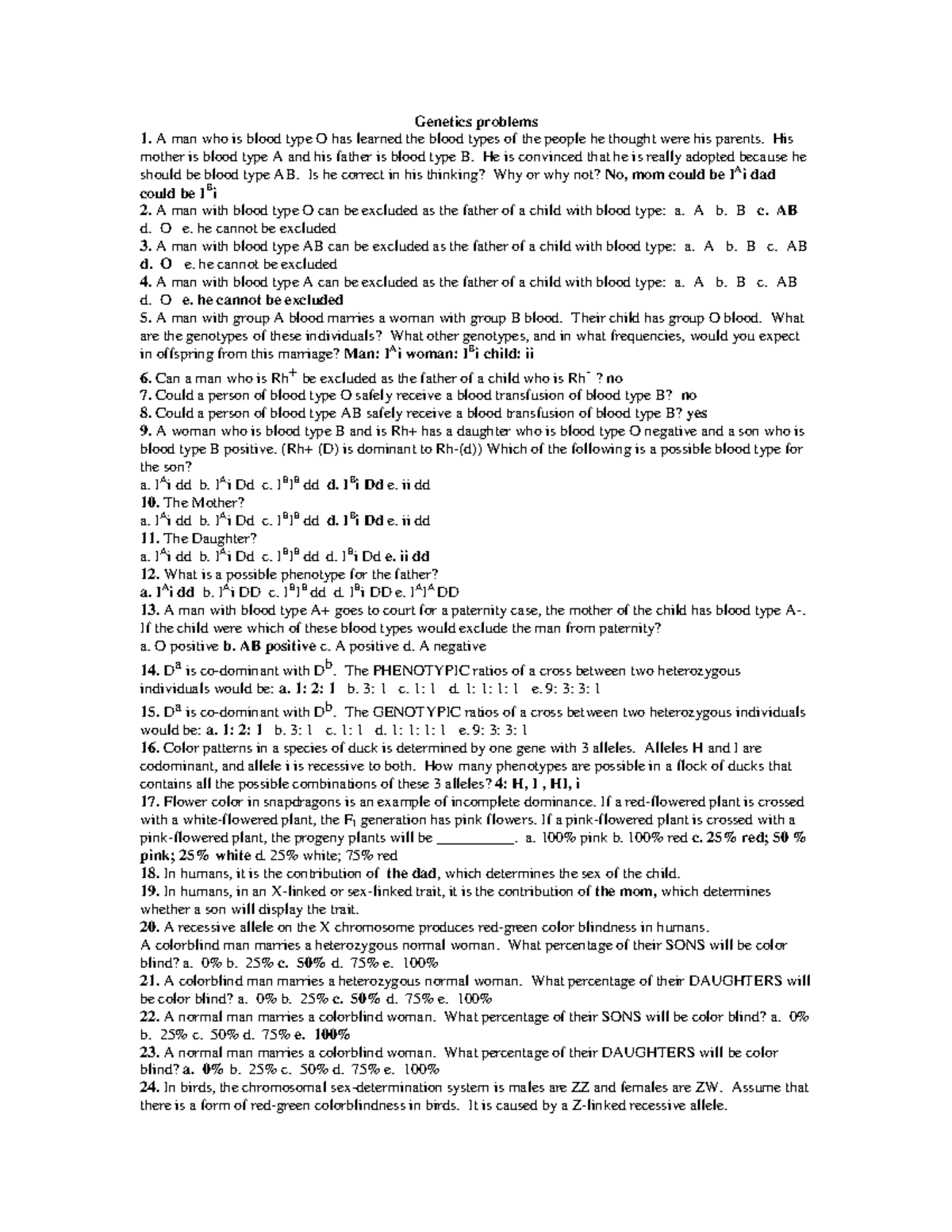 Genetics Worksheet Answers - Genetics problems 1. A man who is blood ...