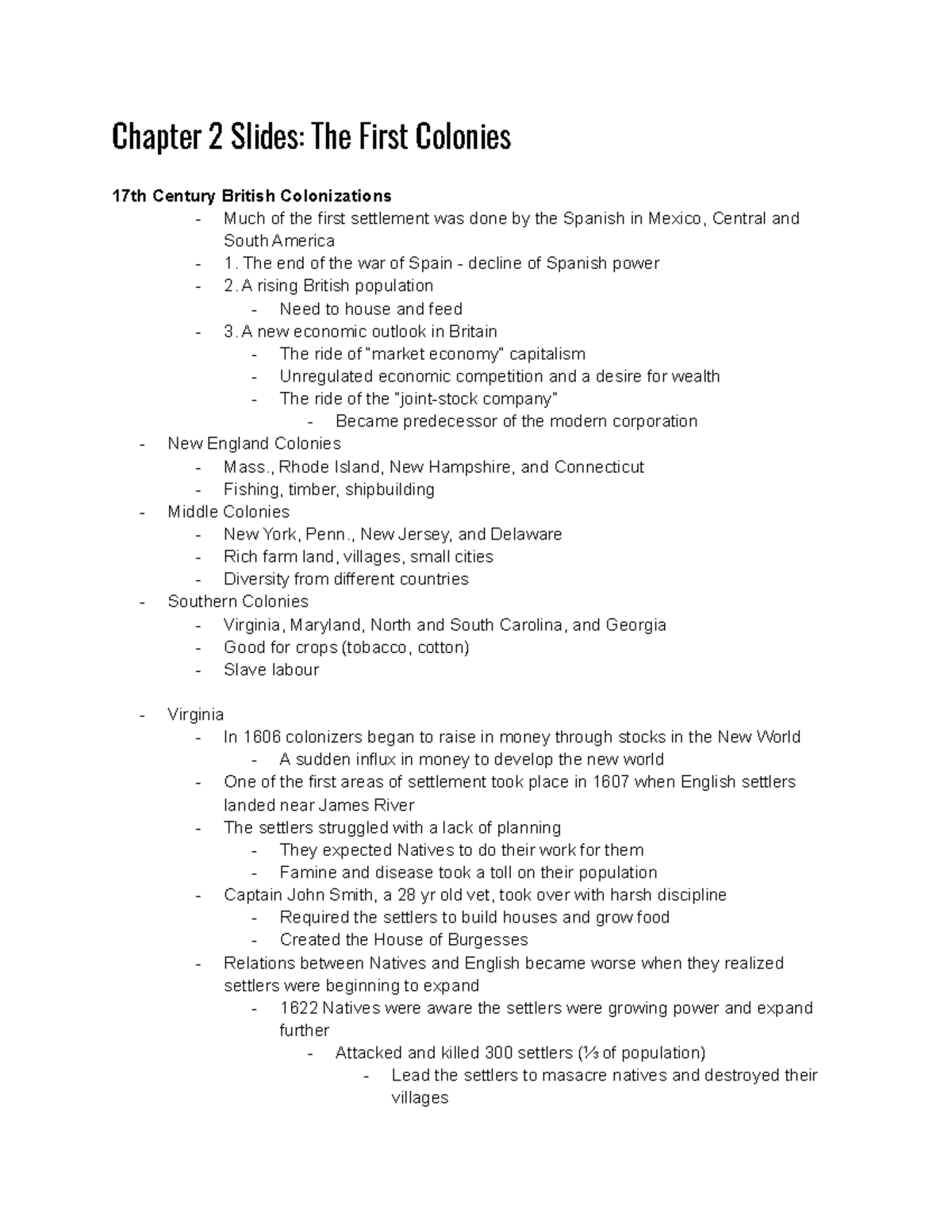 HST110 - Chapter 2 Notes - Chapter 2 Slides: The First Colonies 17th ...
