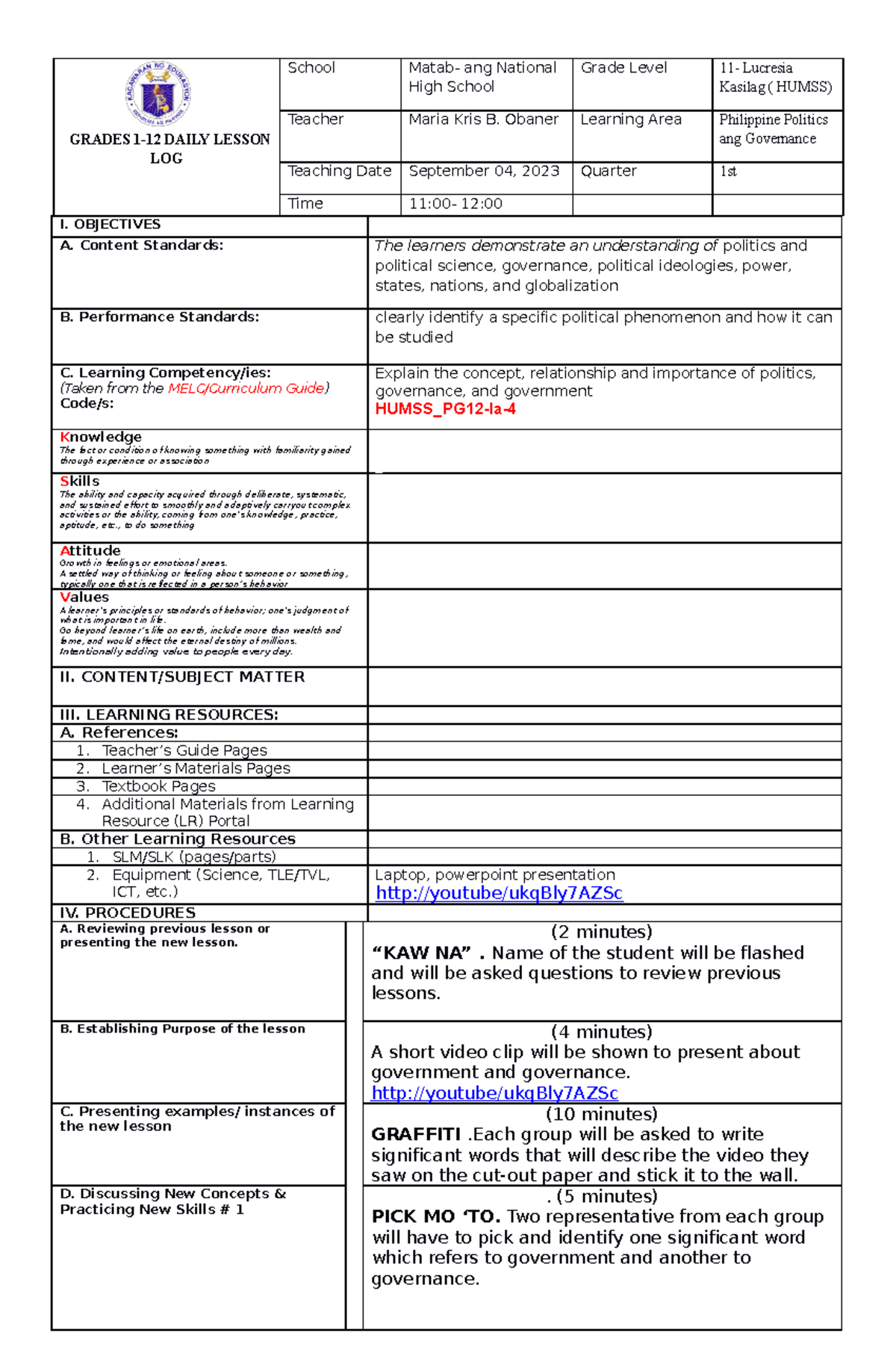 DLP-ONE-DAY- Format lesson 4 - GRADES 1-12 DAILY LESSON LOG School ...