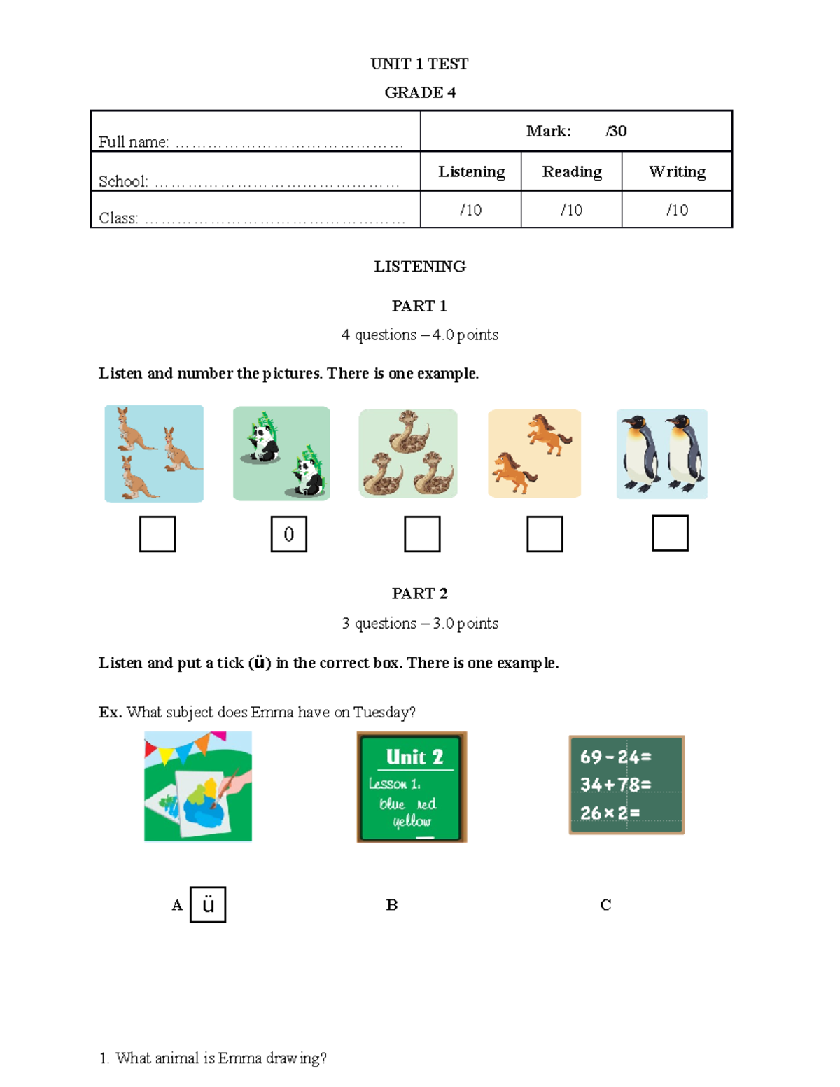 De KT Unit 1 Tieng Anh 4 i-Learn Smart Start - UNIT 1 TEST GRADE 4 Full ...