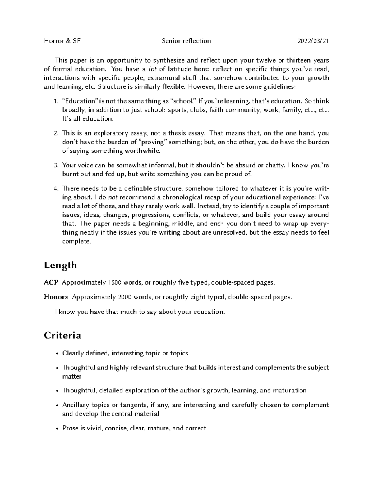Senior paper 2023 - ewefhweofewdfwe - Horror & SF Senior reflection ...