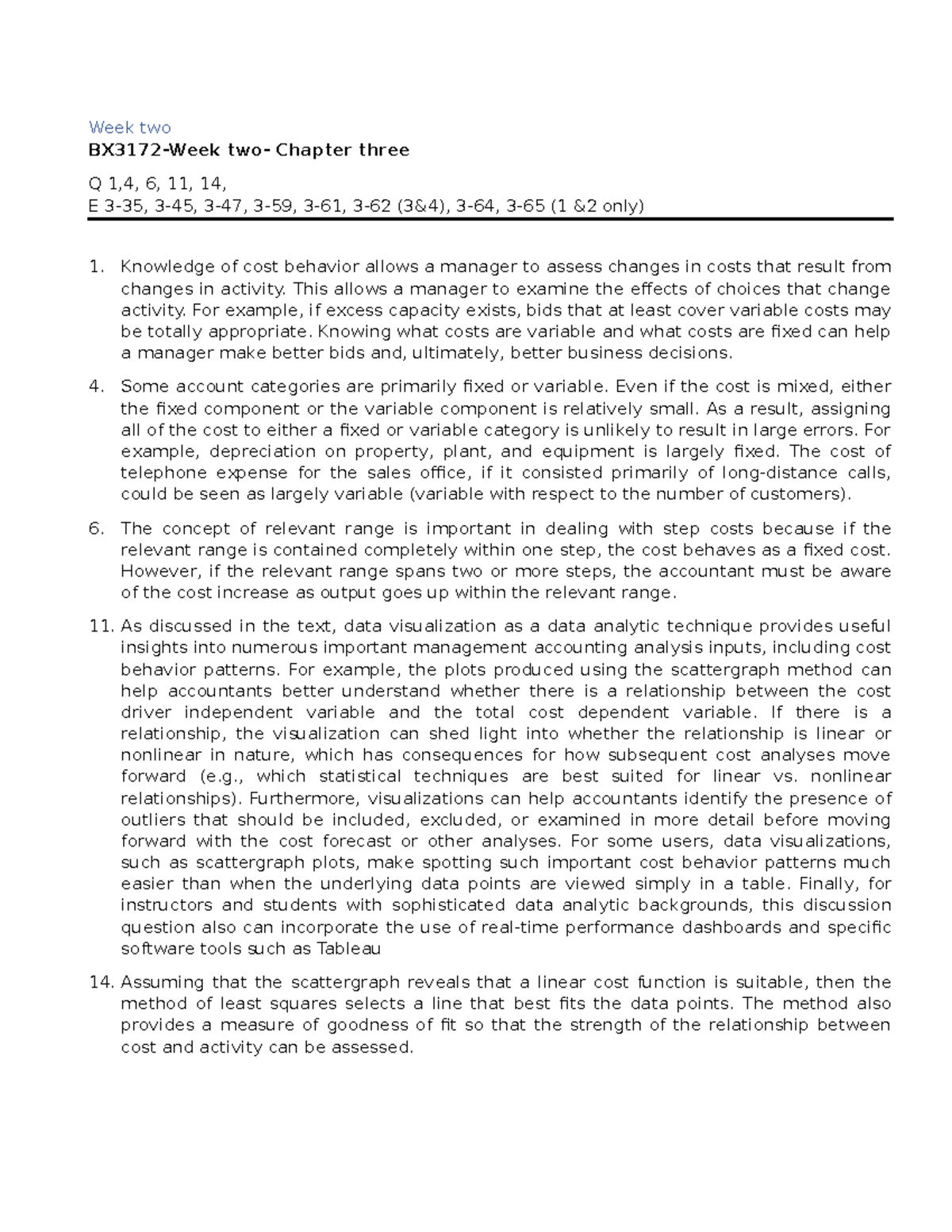 Week 2 Solutions - Week two BX3172-Week two- Chapter three Q 1,4, 6, 11 ...