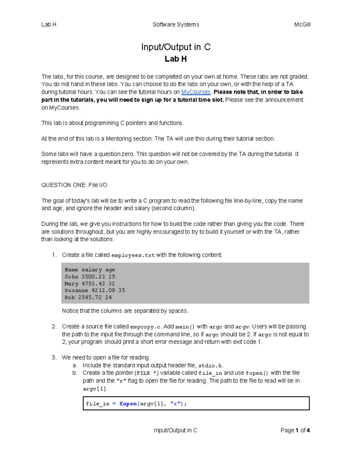 206 Lab H Input Output In C Inputoutput In C Lab H The Labs For This Course Are Designed 6299