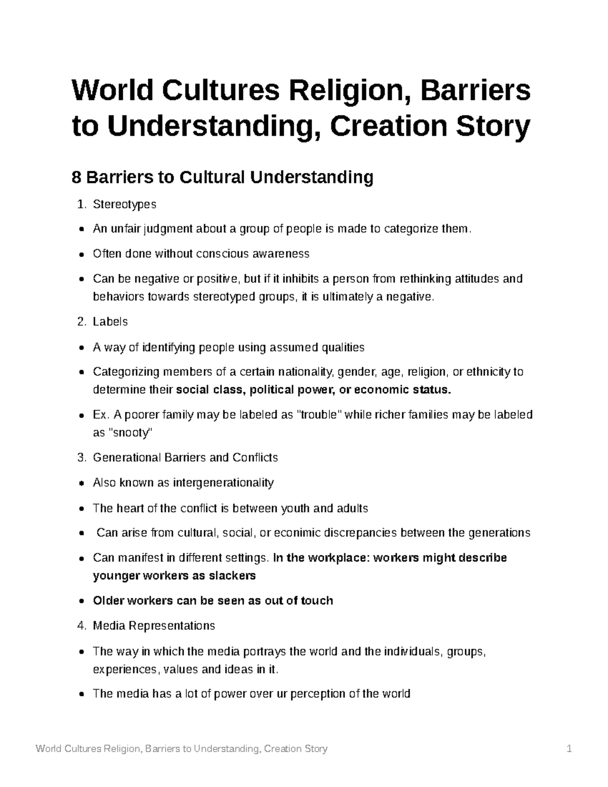World Cultures - Religion, Barriers to Understanding, Creation Story ...