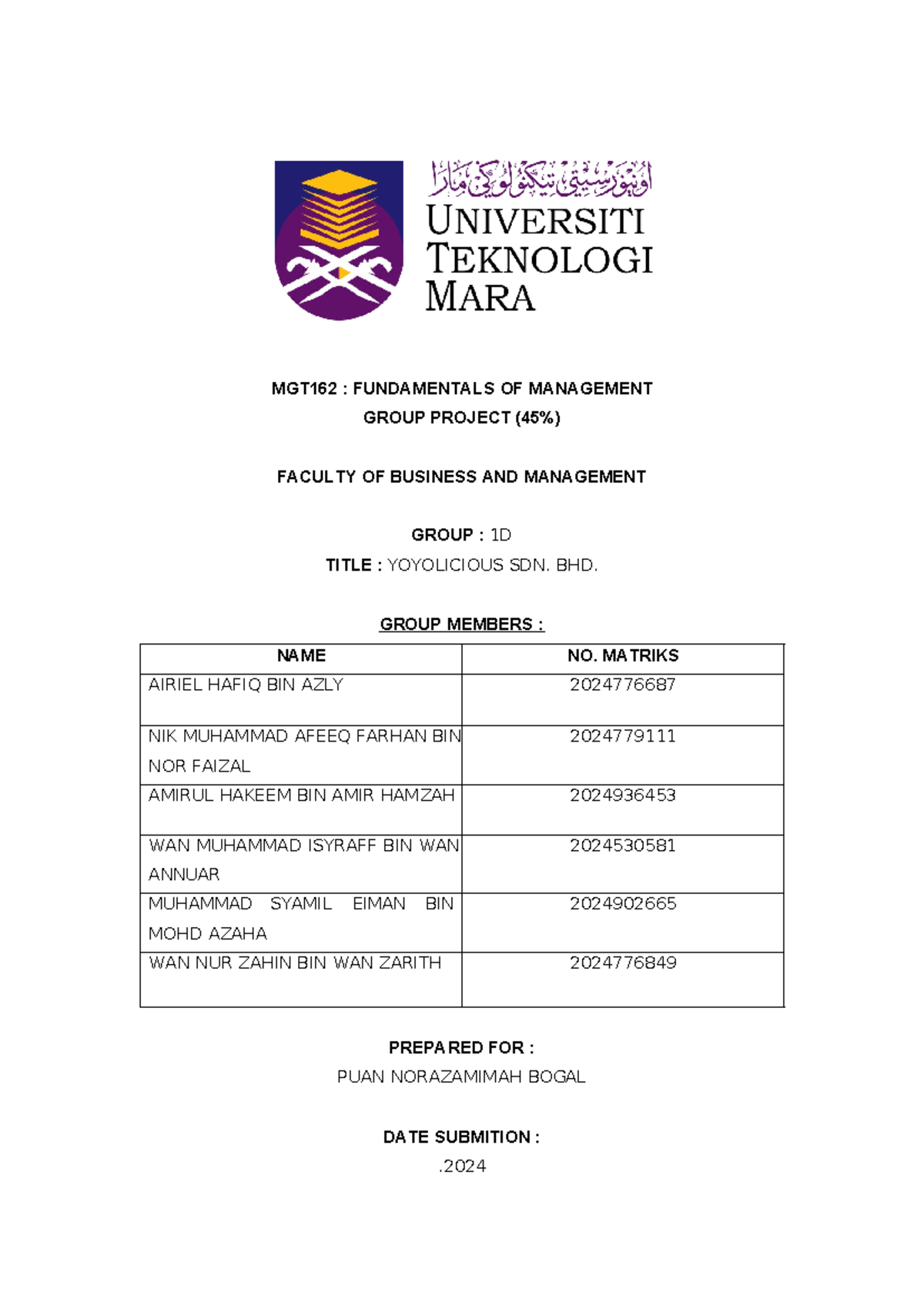 MGT162 Group Project 2024 (2) - MGT162 : FUNDAMENTALS OF MANAGEMENT ...