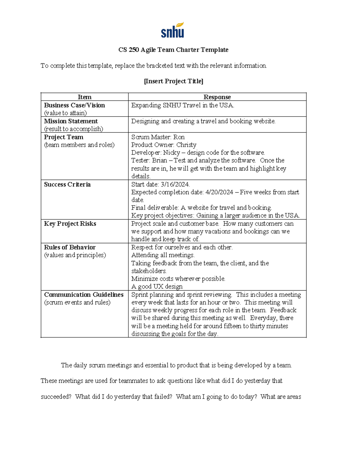 CS 250 Agile Team Charter Template - [Insert Project Title] Item ...