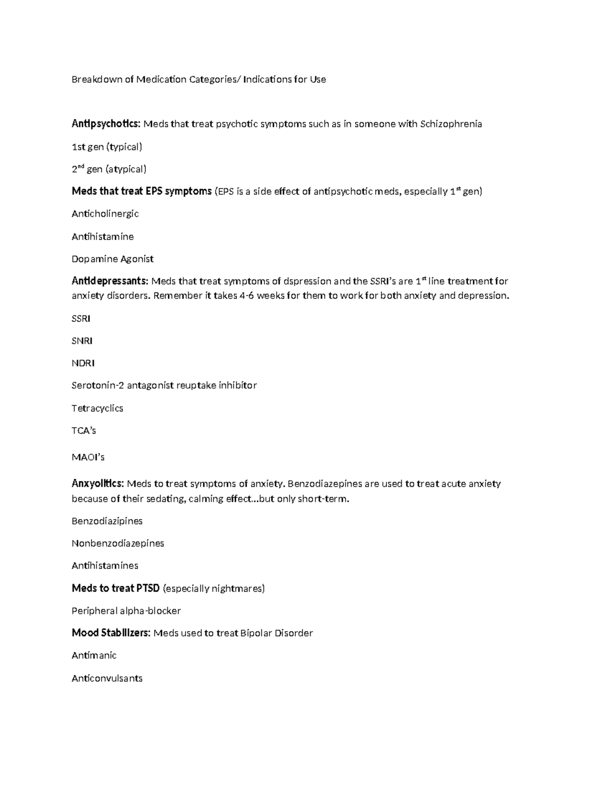 Breakdown of Medication Categories - Remember it takes 4-6 weeks for ...