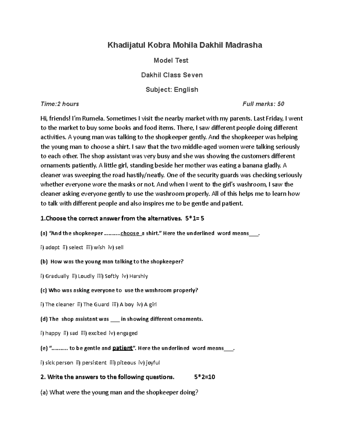 Model Test for class VII - Khadijatul Kobra Mohila Dakhil Madrasha ...