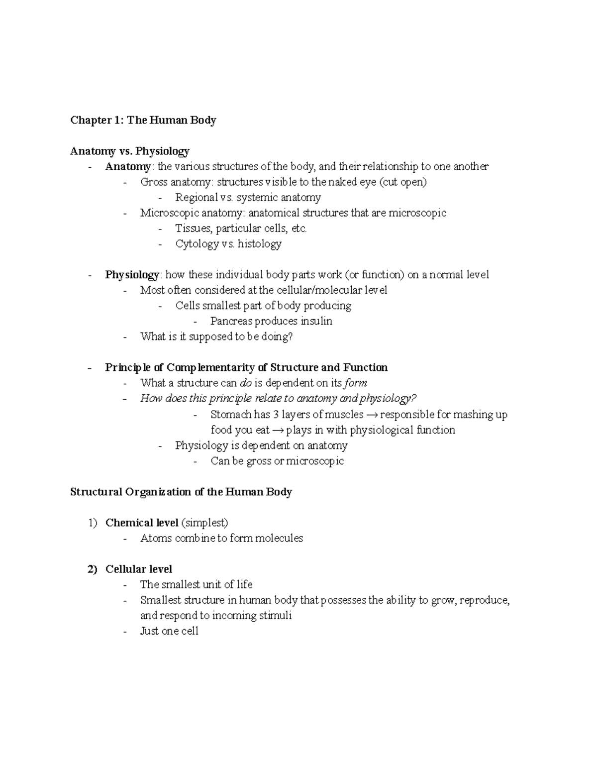 Anatomy Exam 1 - Notes for the first exam Dr. Stephens - Chapter 1: The ...