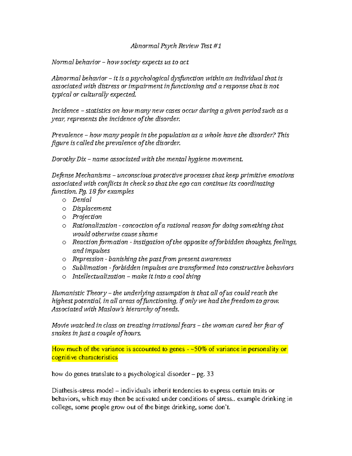 Abnormal Psych Review Test test 1 - Abnormal Psych Review Test # Normal ...