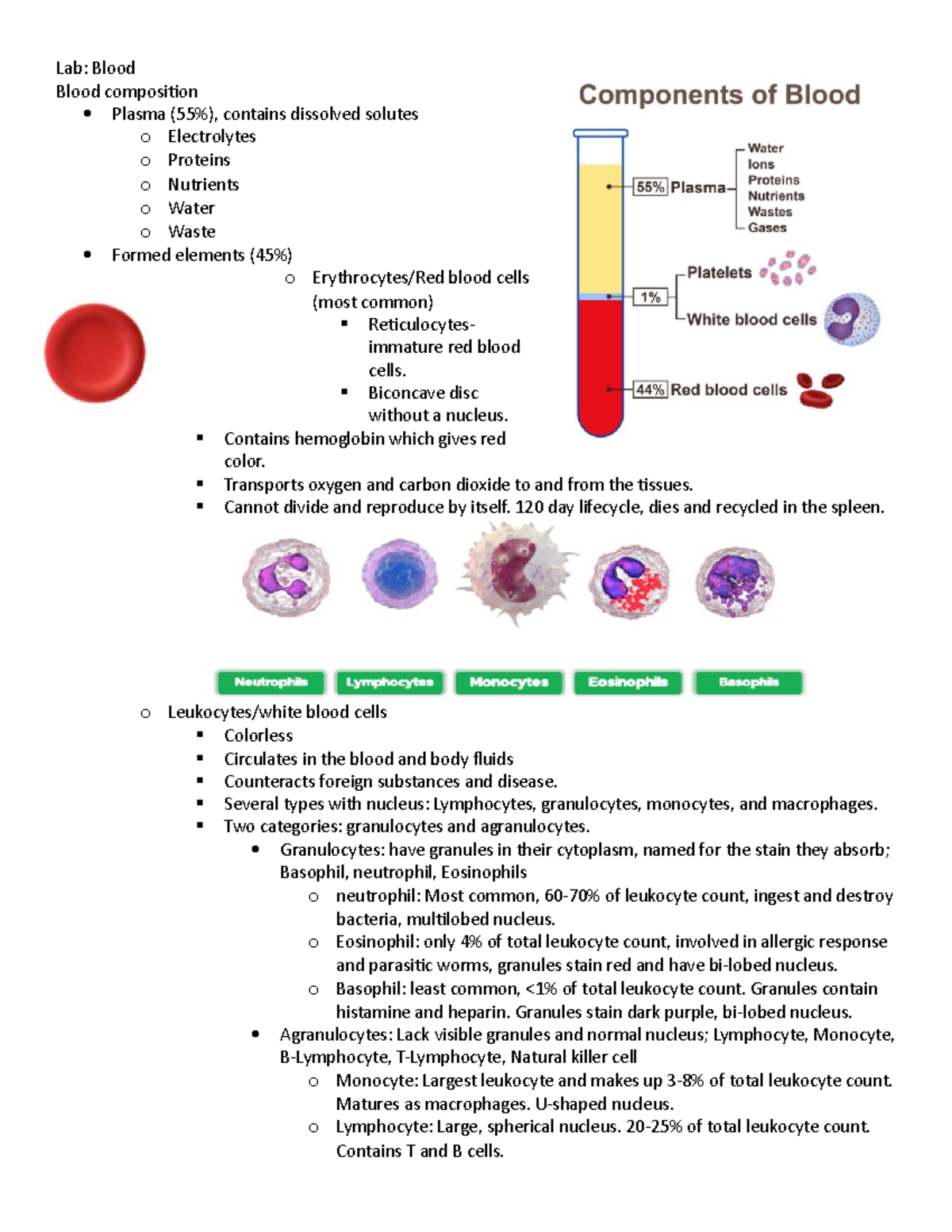 Lab blood notes - lab - Lab: Blood Blood composition Plasma (55% ...