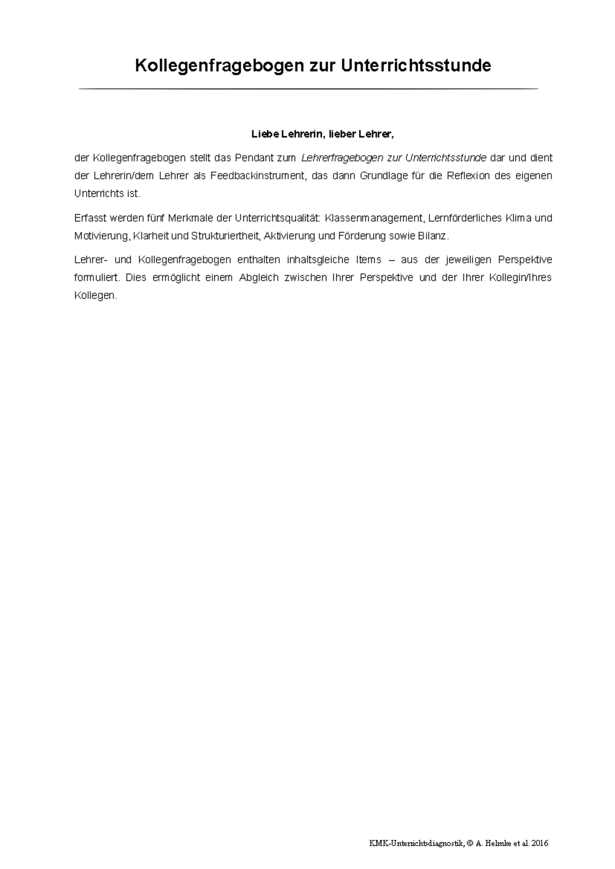 Fragebogen Klassenmanagement - KMK-Unterrichtsdiagnostik, © A. Helmke ...