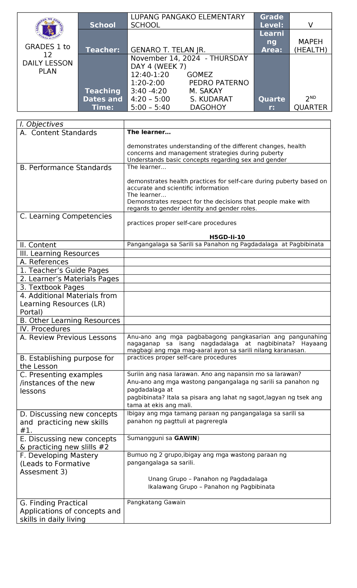 DAILY LESSON LOG ON PUBERTY - GRADES 1 to 12 DAILY LESSON PLAN School ...