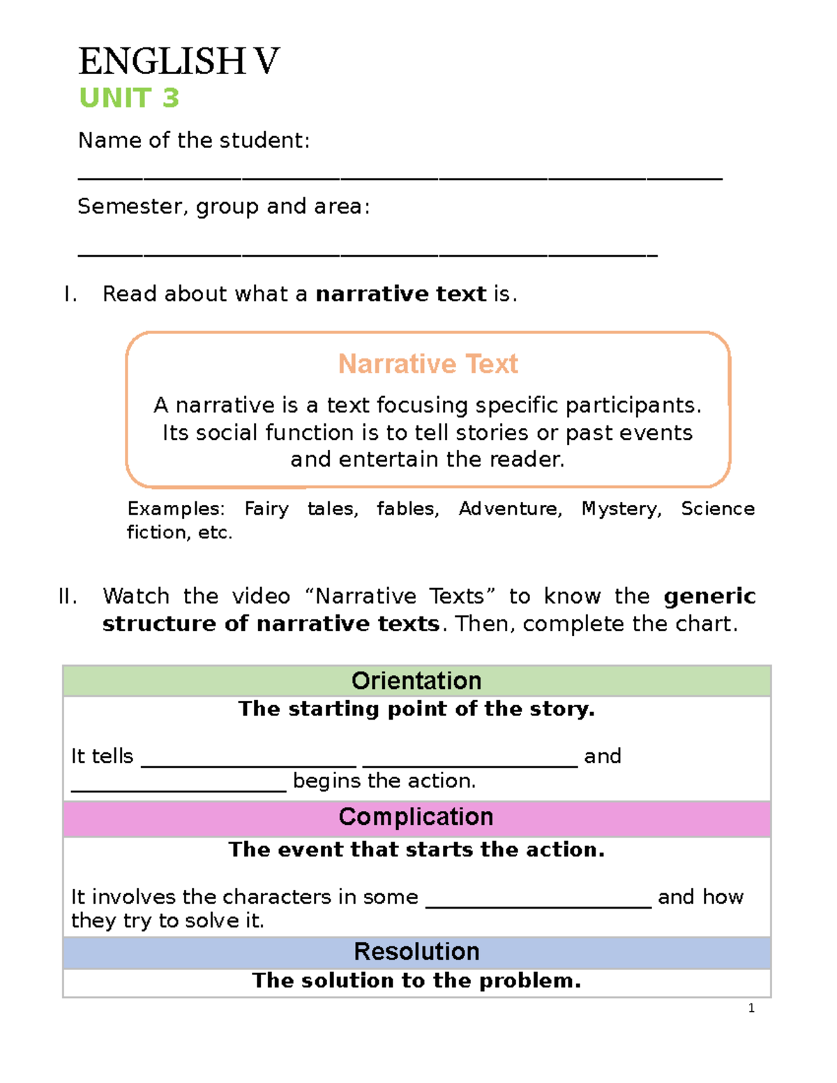 Booklet Unit 3 English V - ENGLISH V UNIT 3 Name of the student: - Studocu