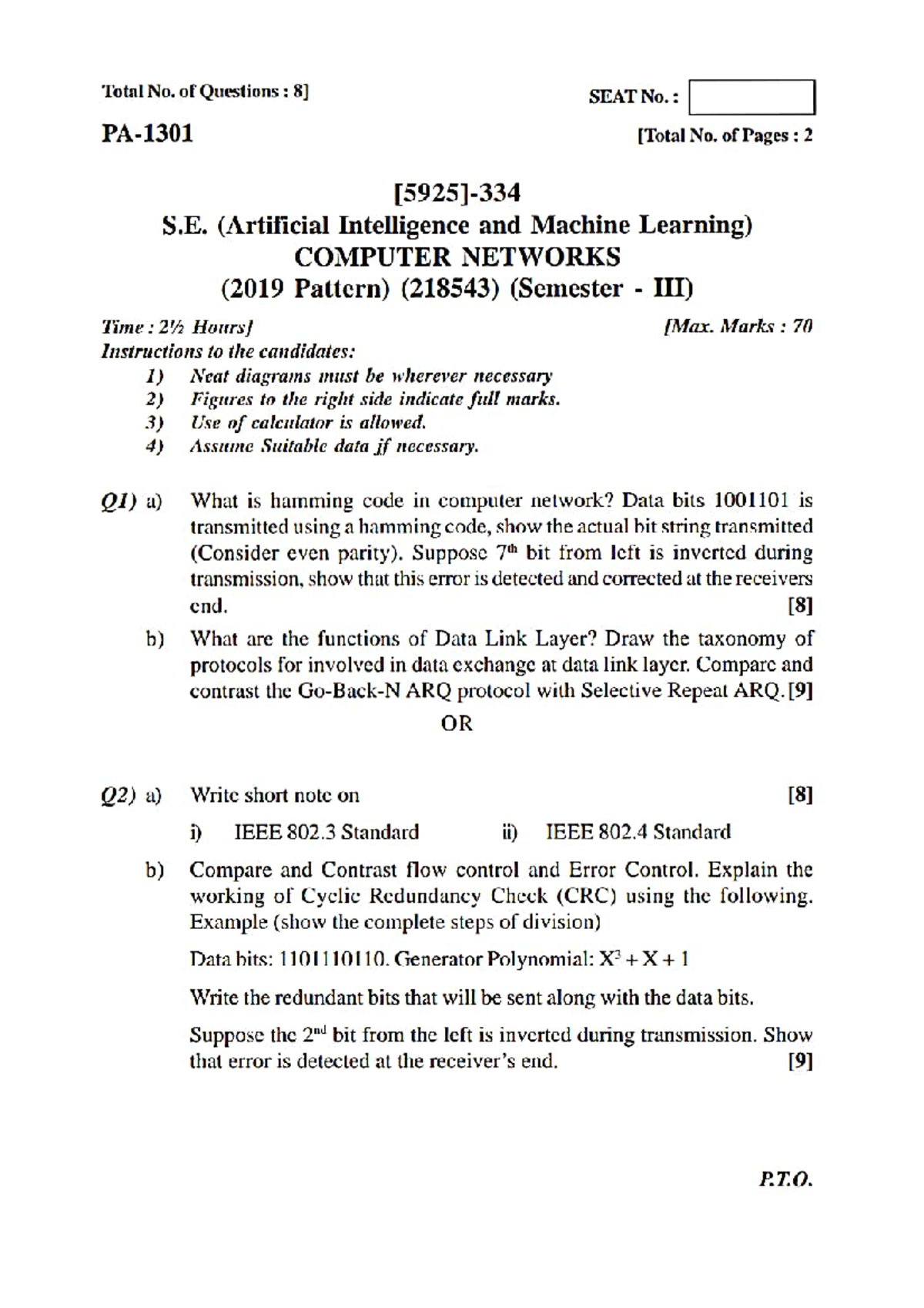 Cn Aiml 2019 - Computer Network - Total No. of Questions : SEAT No. : No. of Pages : 2 S. - Studocu