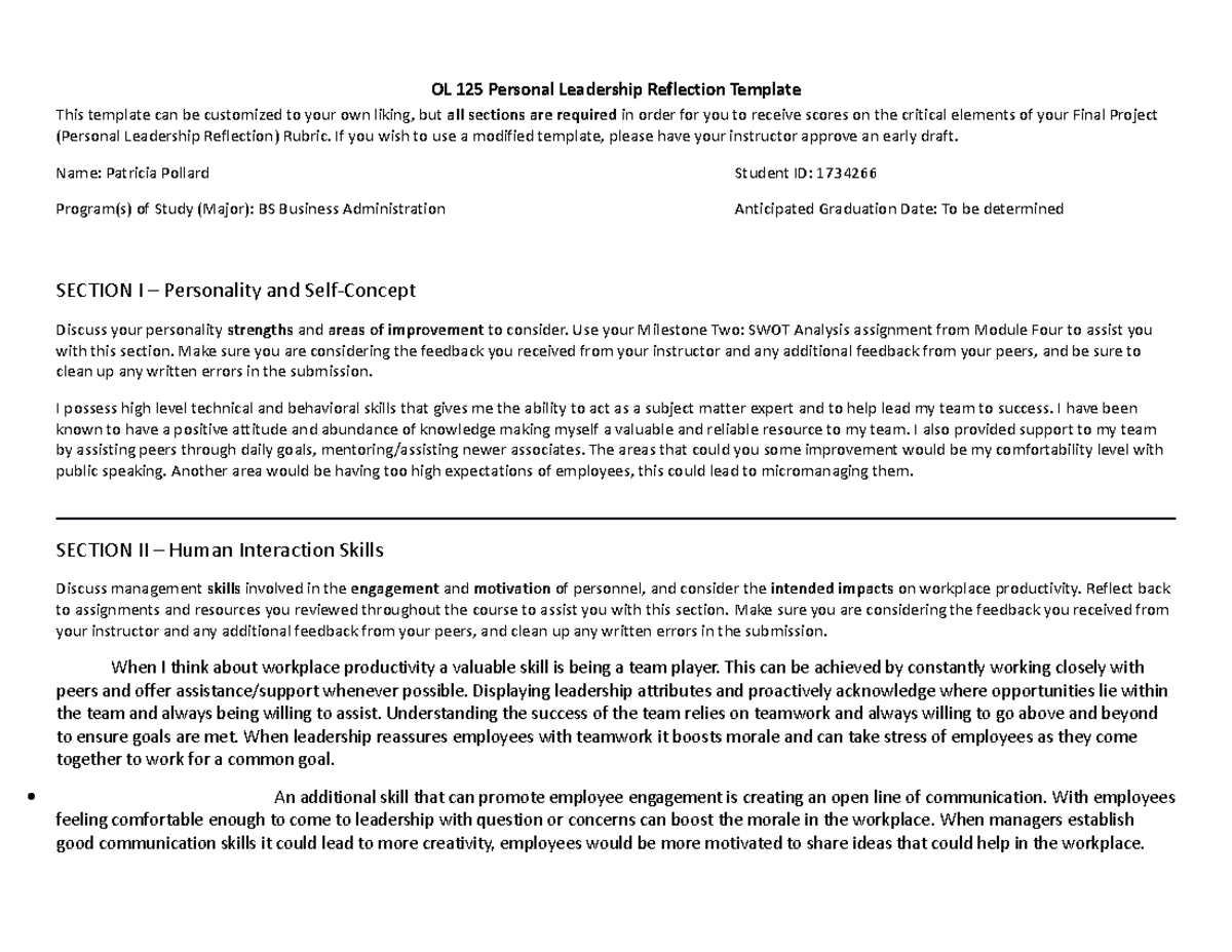 Final Project Milestone - OL 125 Personal Leadership Reflection ...