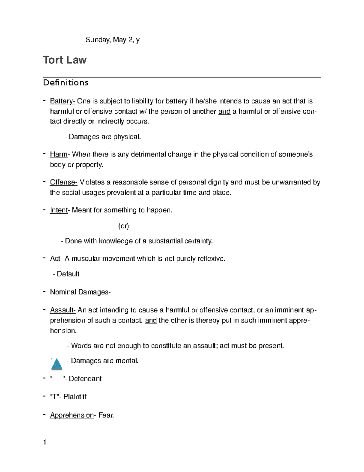 Tort Law - Lecture notes Entire Semester - Tort Law Definitions ...