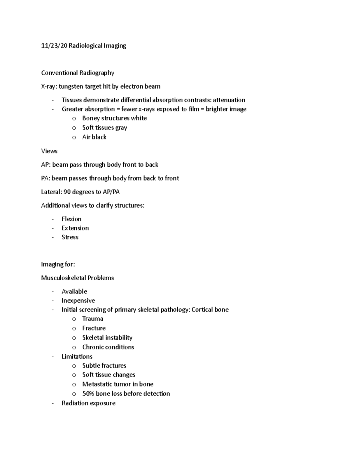Radiographic Imaging Notes - 11/23/20 Radiological Imaging Conventional ...