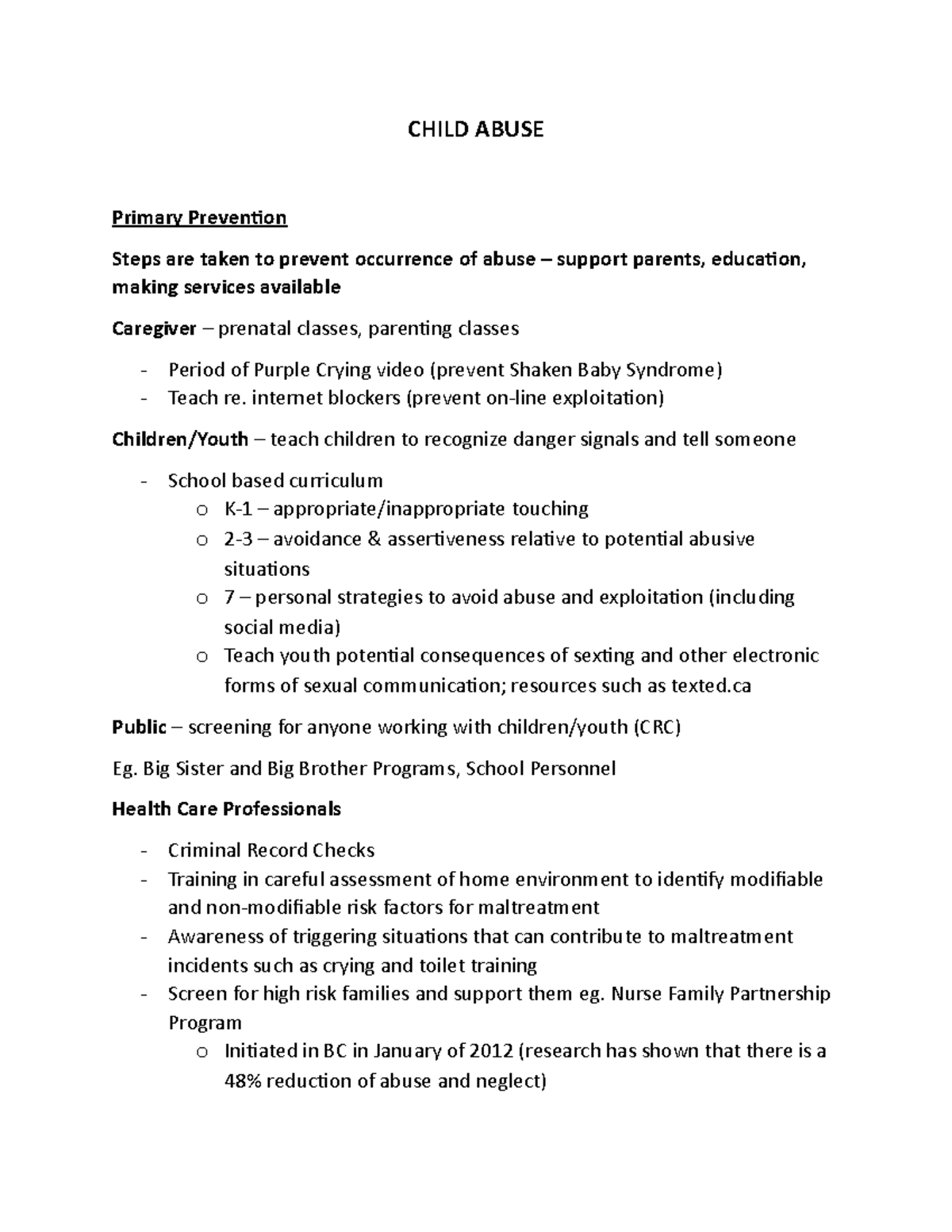 Levels Of Prevention For Child Abuse CHILD ABUSE Primary Prevention