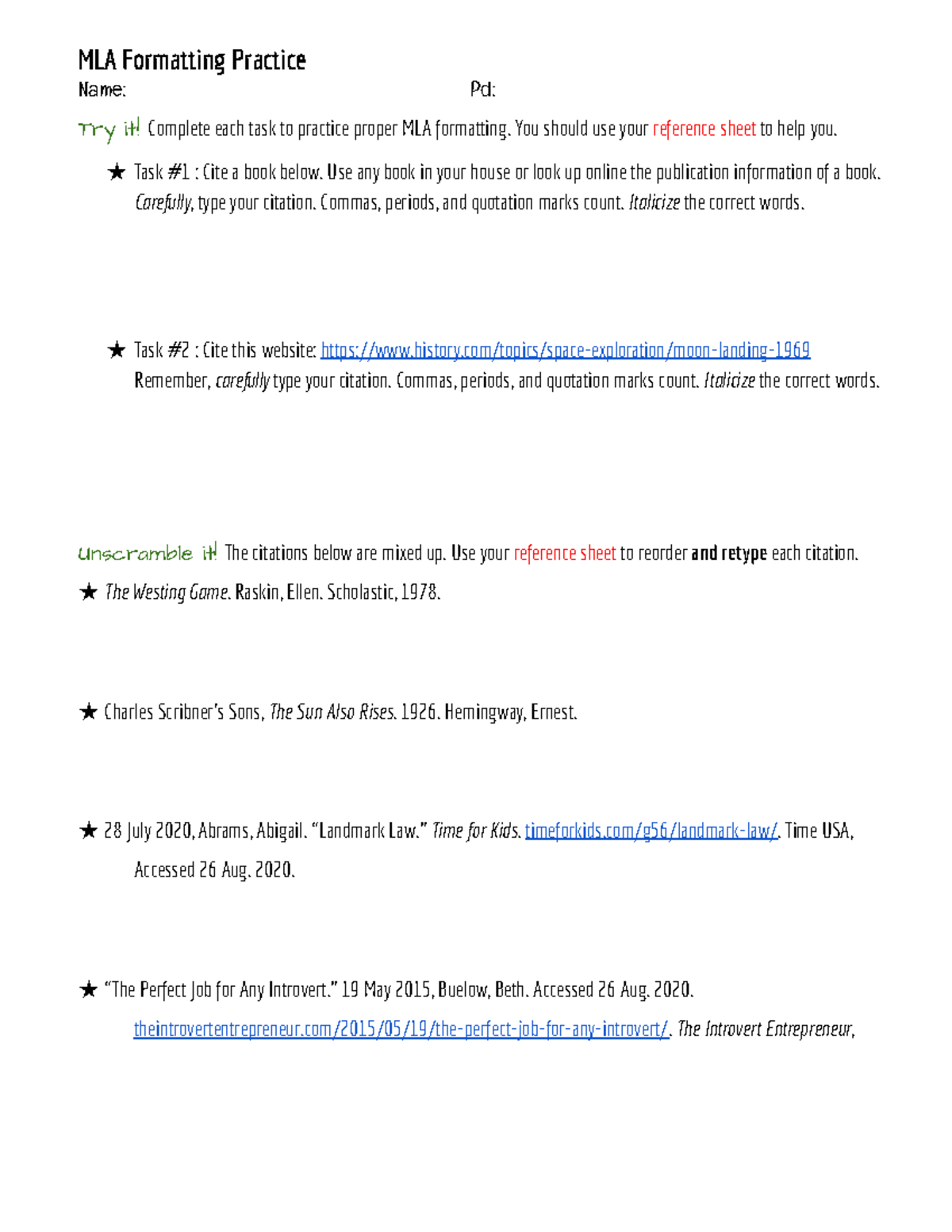 MLA Citation Mix-Up (blank) - MLA Formatting Practice Name: Pd: Try it ...