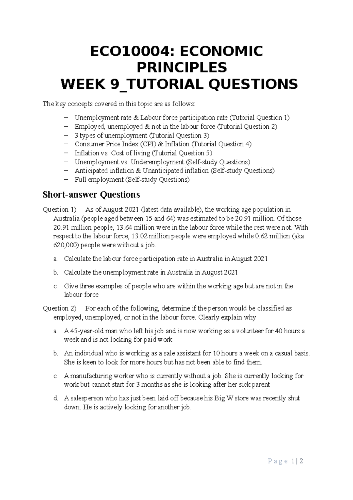 Week 9 Tutorial Questions - ECO10004: ECONOMIC PRINCIPLES WEEK 9 ...