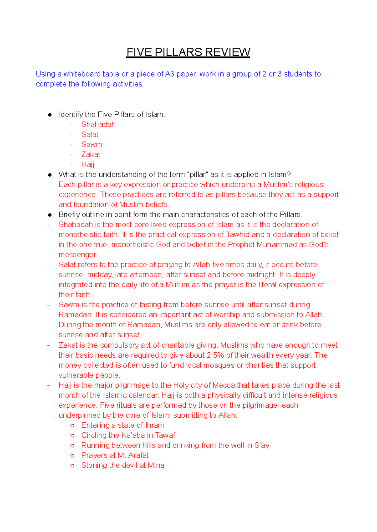 Five Pillars of Islam - FIVE PILLARS REVIEW Using a whiteboard table or ...