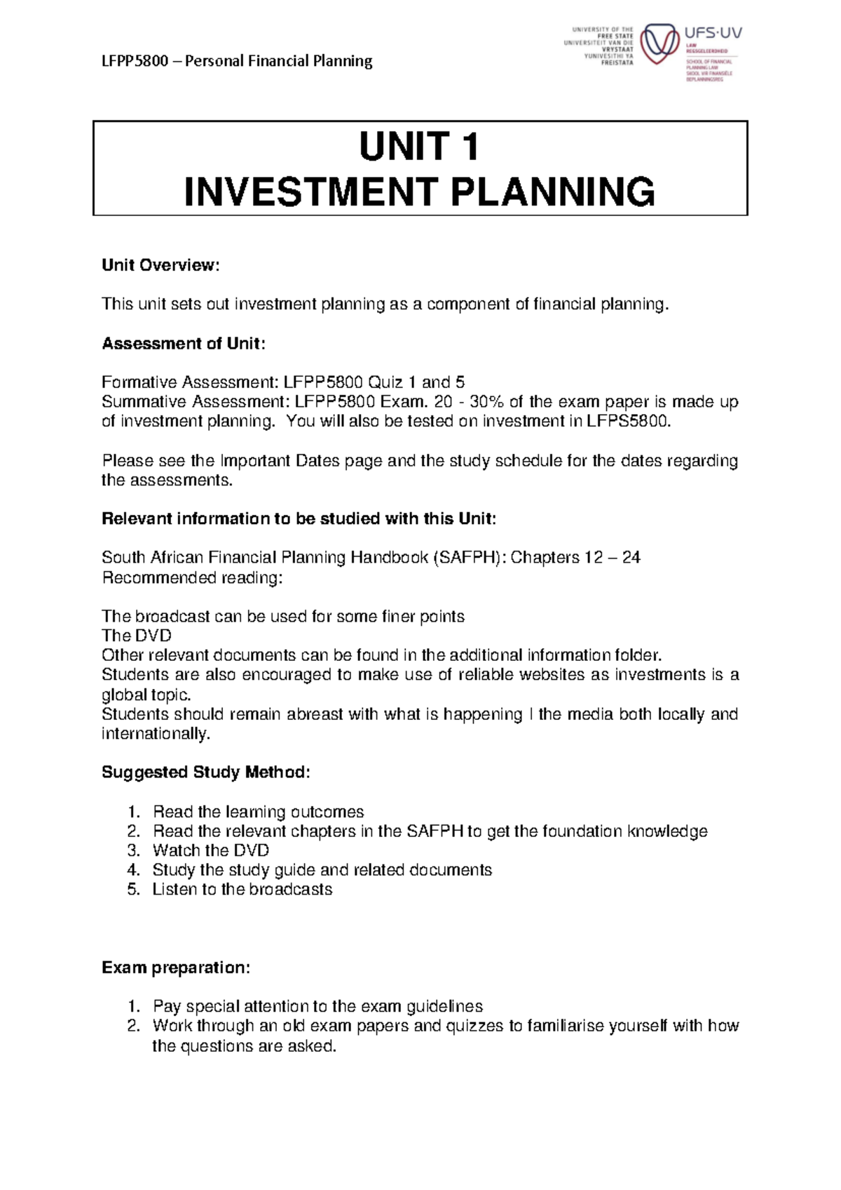 UNIT 1 Investment Planning - LFPP 5800 – Personal Financial Planning UNIT 1 INVESTMENT PLANNING ...