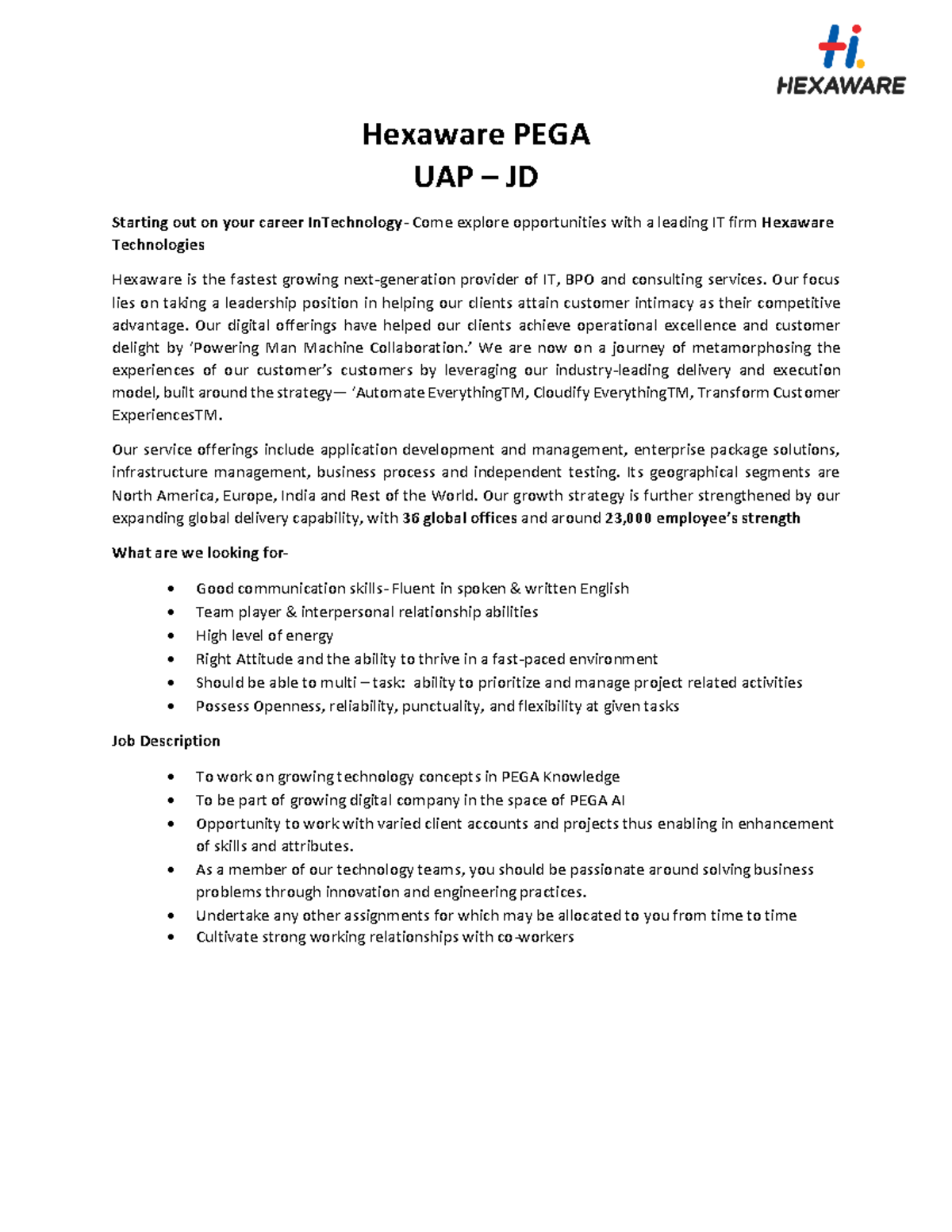 JD for PEGA 2023 - off campus for freshers - Hexaware PEGA UAP – JD Starting out on your career ...