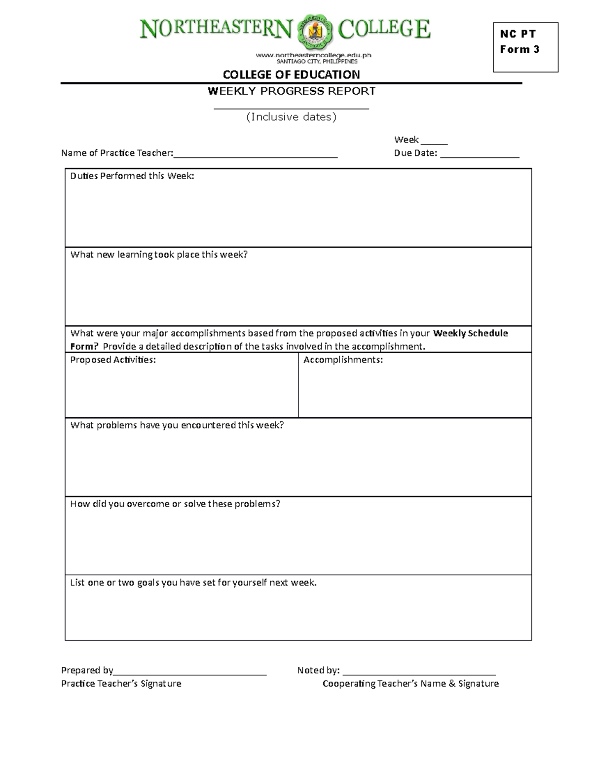 Pt form weekly progress report - COLLEGE OF EDUCATION WEEKLY PROGRESS ...