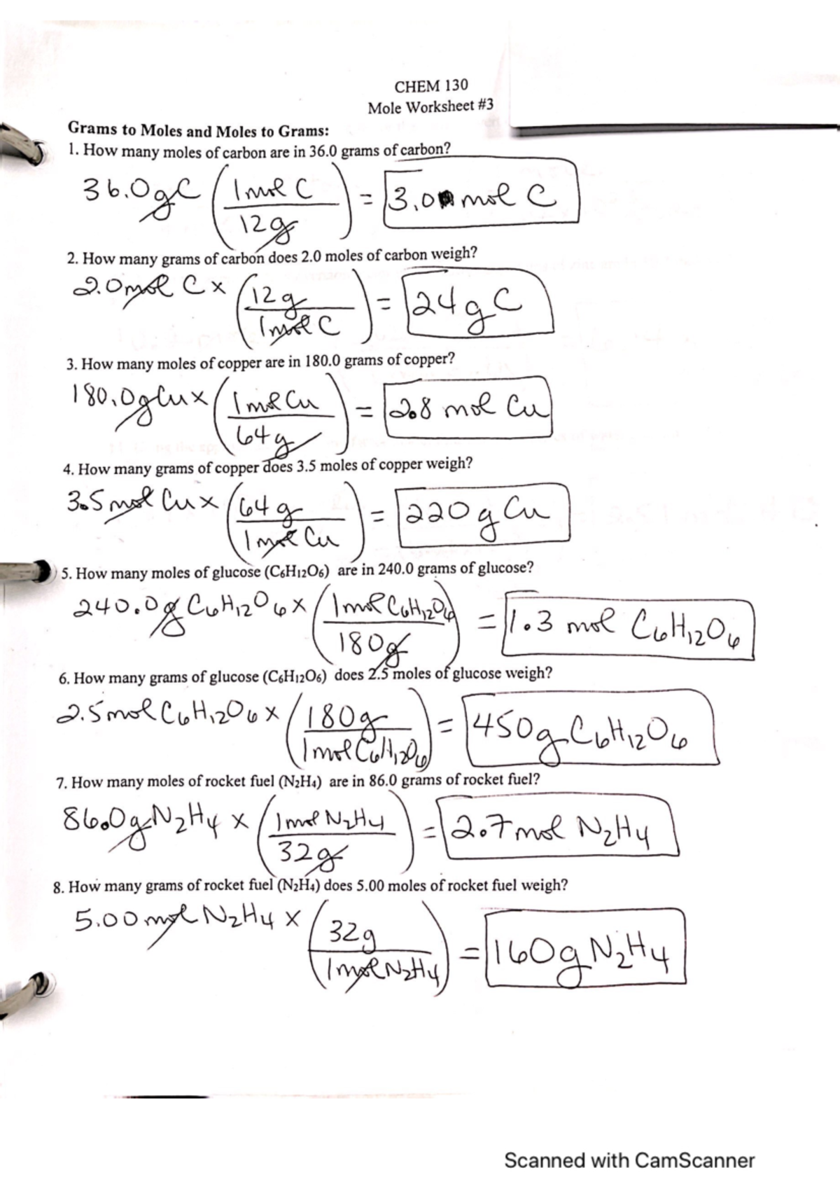 Chem 130 Ch 13 Mole Worksheet 1 and 2 - CHEM 130 Mole Worksheet Grams to Moles and Moles to ...