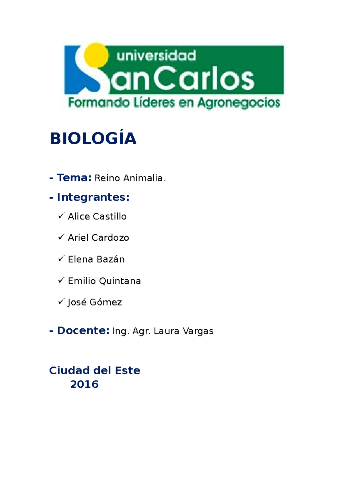 Trabajo Practico de Biologia - BIOLOGÍA - Tema: Reino Animalia ...