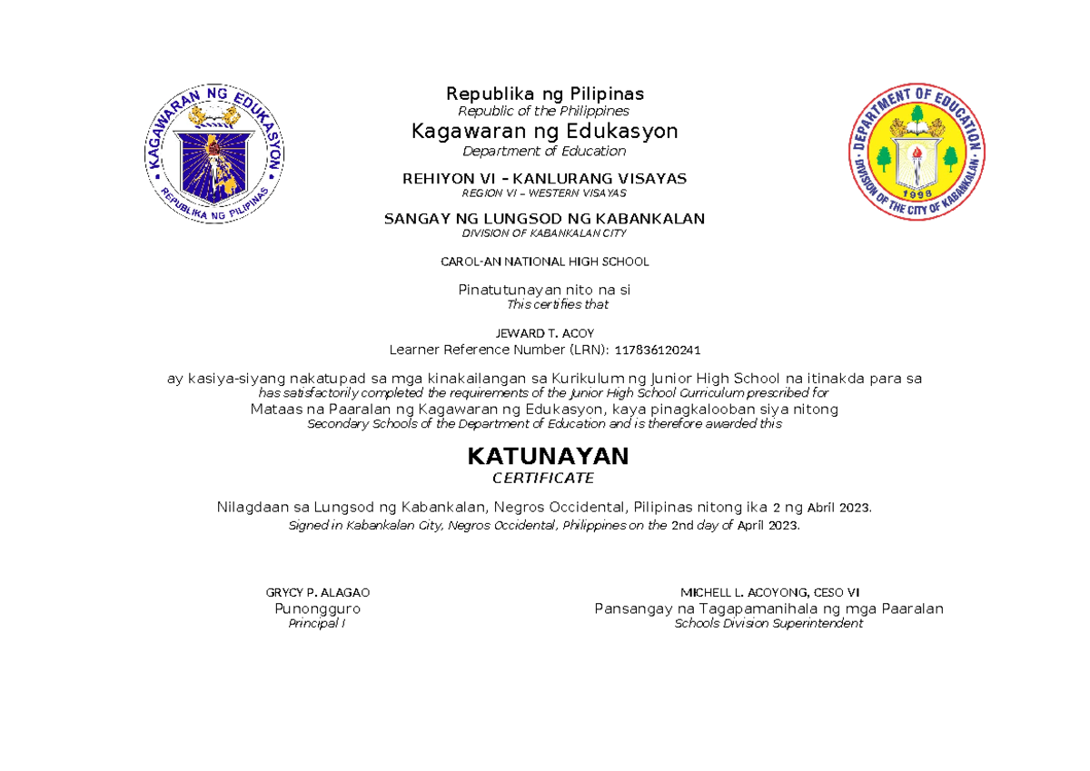 Junior high diploma template - Republika ng Pilipinas Republic of the ...