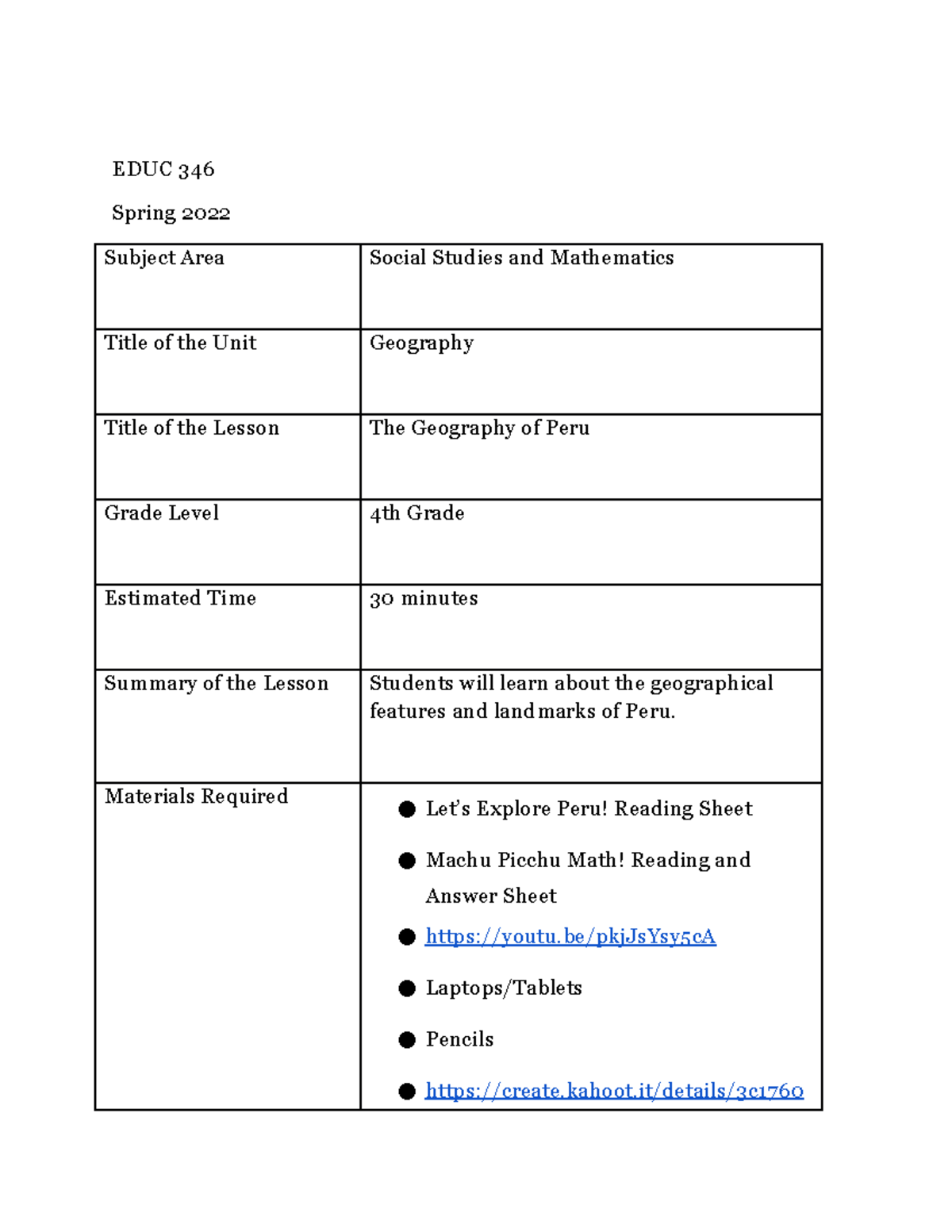 Geography Lesson Plan - EDUC 346 Spring 2022 Subject Area Social ...