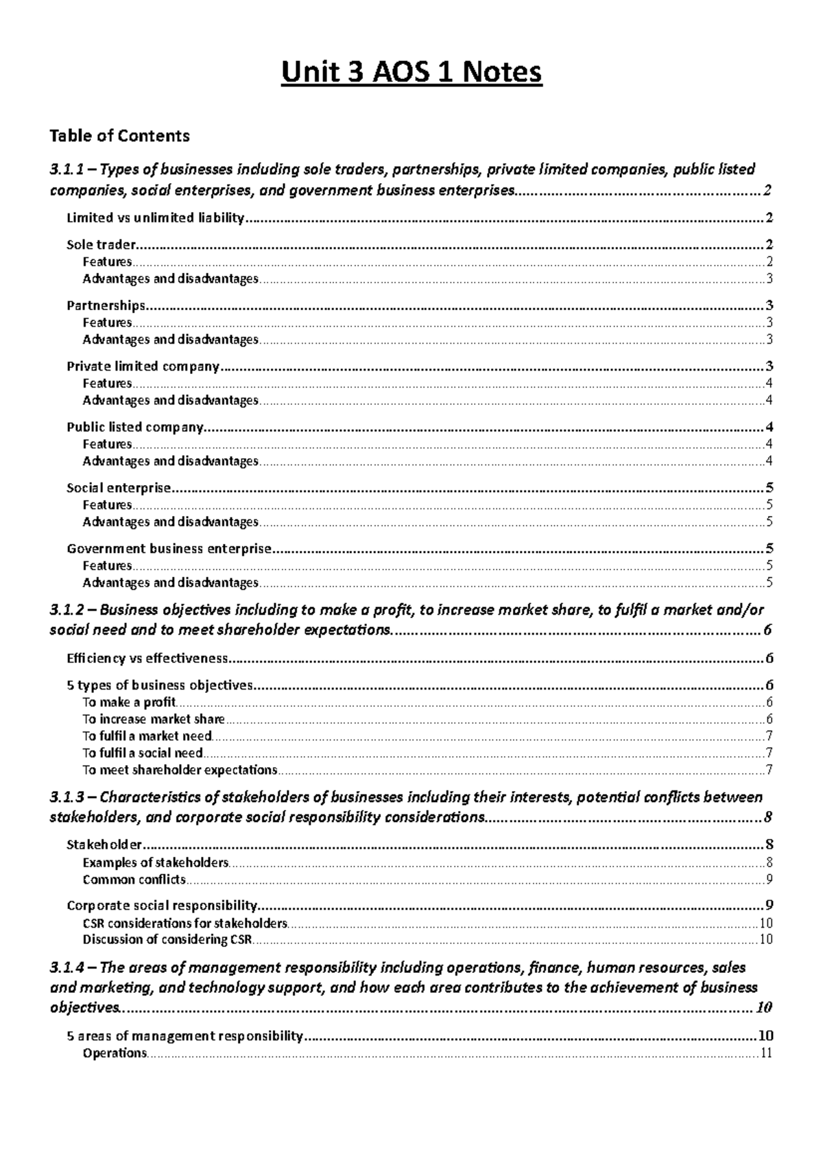 Unit 3 aos 1 notes - business foundations - Unit 3 AOS 1 Notes Table of ...