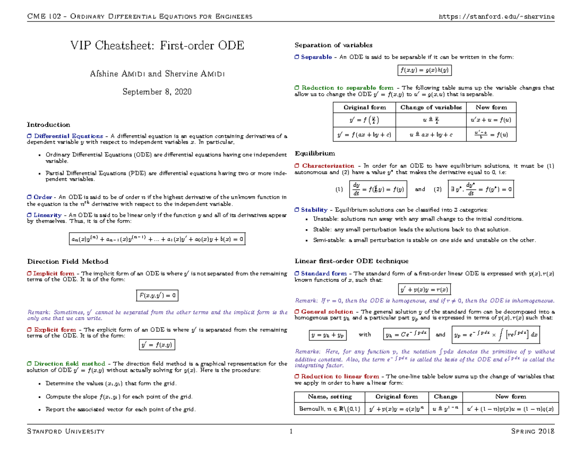 Cheatsheet-first-ode - CME 102 – Ordinary Differential Equations for ...