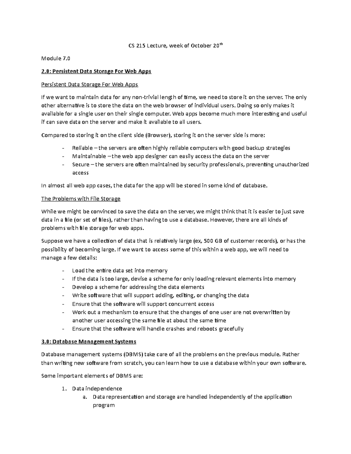 CS 215 Lecture Oct 20th - CS 215 Lecture, week of October 20th Module 7 ...