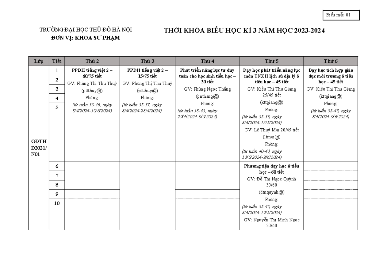 TKB GDTH HK3 23 - Zo triii - TRƯỜNG ĐẠI HỌC THỦ ĐÔ HÀ NỘI ĐƠN VỊ: KHOA ...