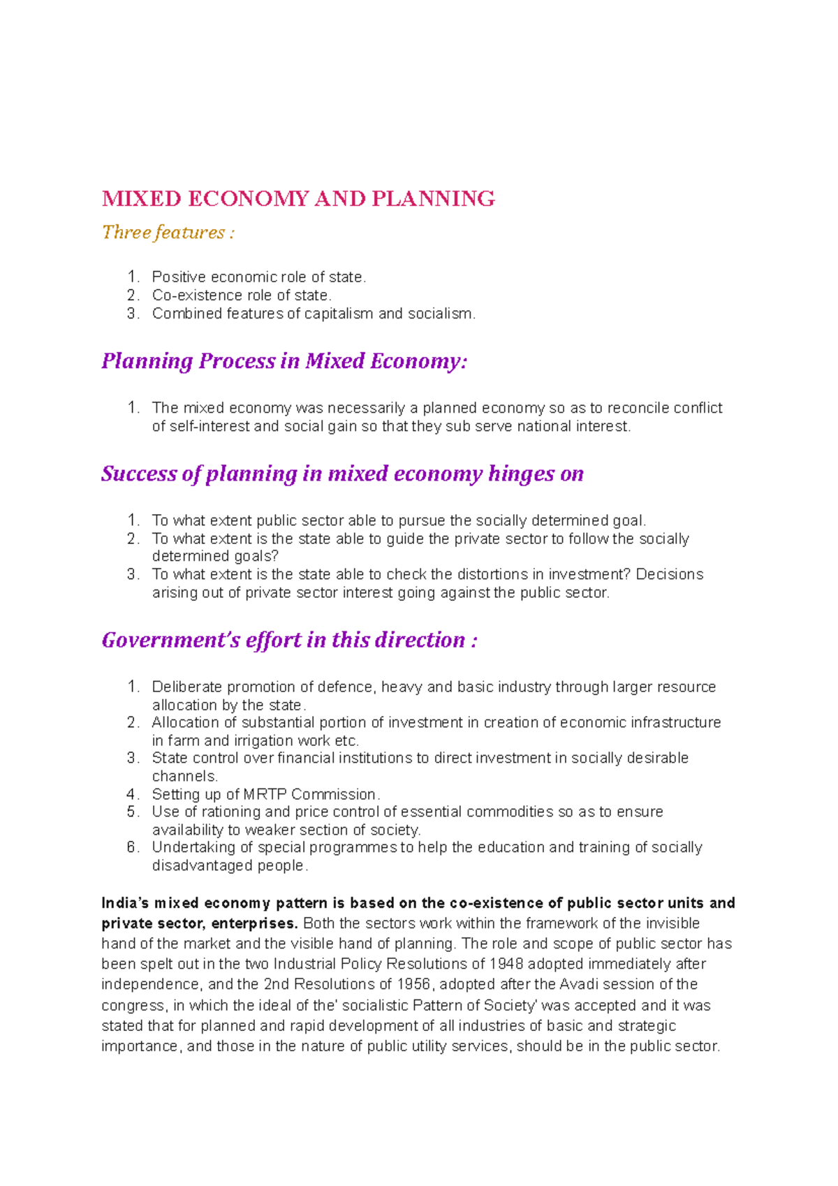 Mixed Economy AND Planning - MIXED ECONOMY AND PLANNING Three features ...
