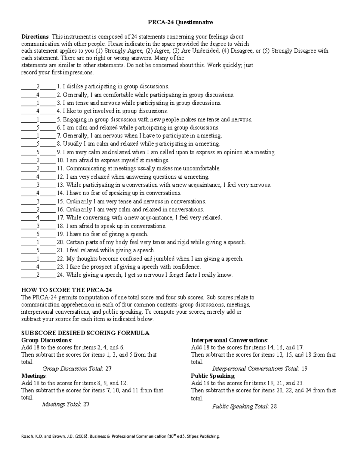 PRCA-24 Questionnaire copy - PRCA-24 Questionnaire Directions: This instrument is composed of 24 ...