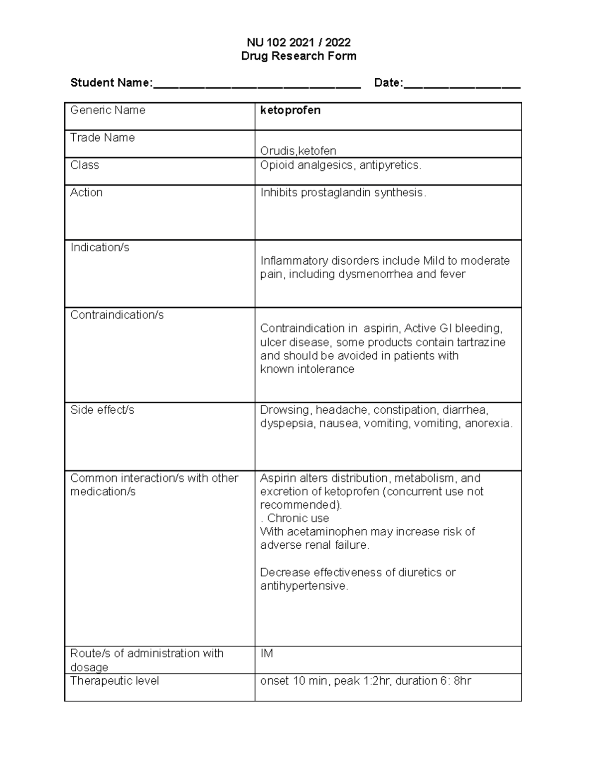 Ketoprofen - jmnjj - Drug Research Form Student Name ...