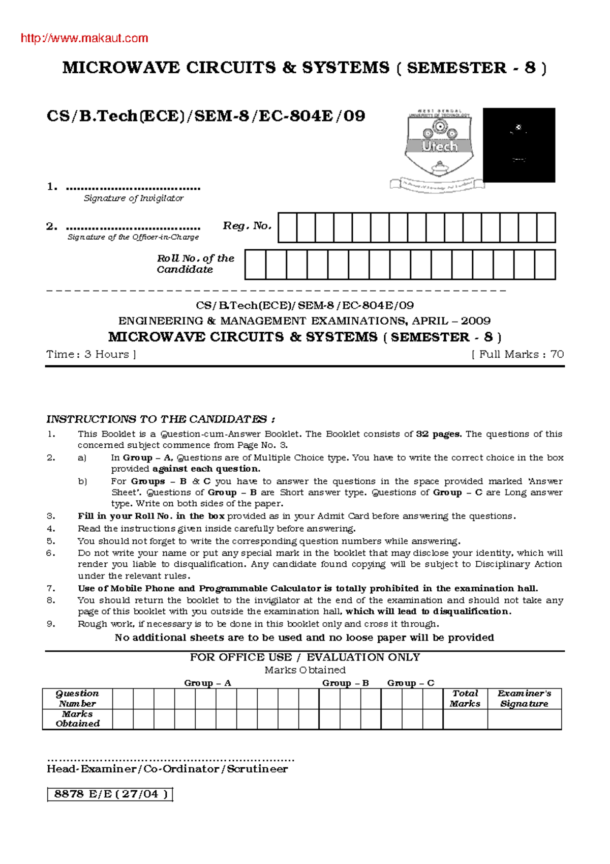 Btech ece 8 sem microwave circuits and systems 2009 - MICROWAVE ...