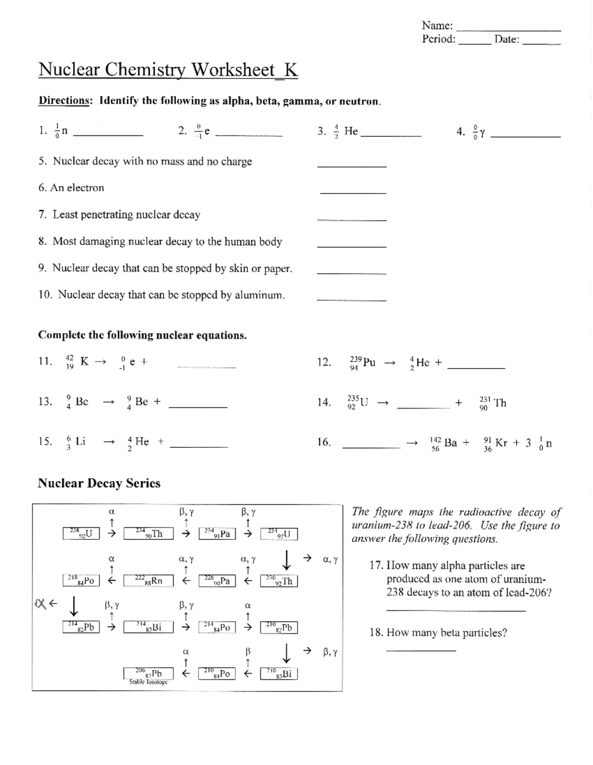 Nuclear Chemistry WS - Cheat - Name: Period: Date: Nuclear Chemistry ...