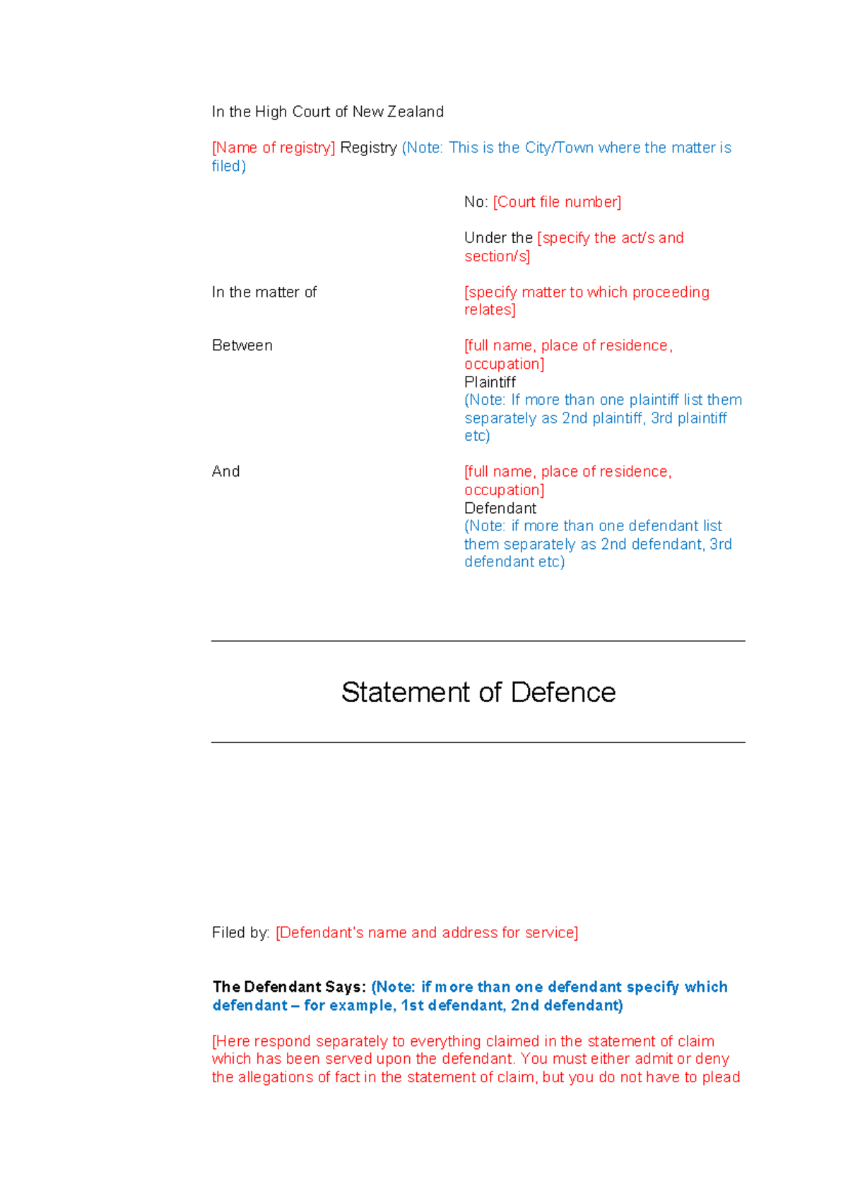 Statement of defence template - In the High Court of New Zealand [Name ...