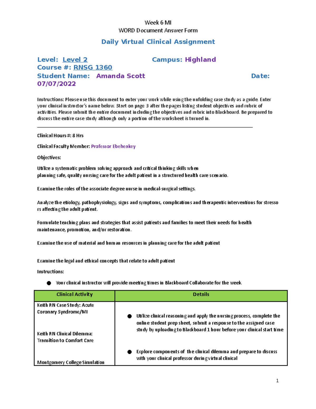 CLIN PREP WORD DOC Week 6 ACS MI 7 - WORD Document Answer Form Daily Virtual Clinical Assignment ...
