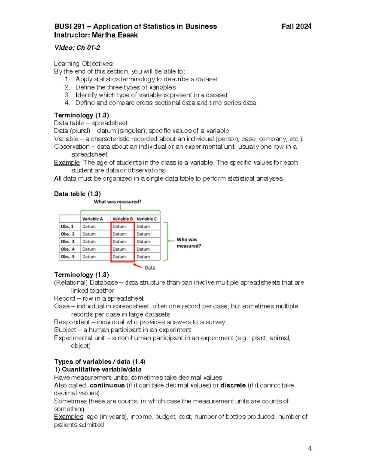 BUSI 291 Lecture notes booklet (Ch. 1-9) - Instructor: Martha Essak ...