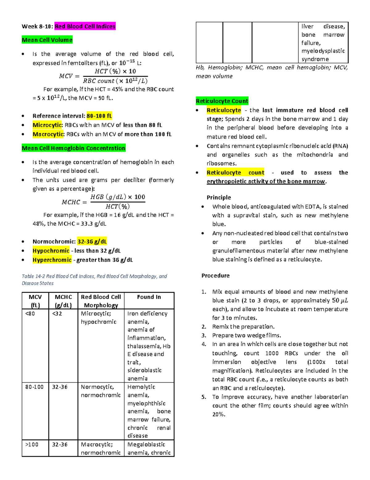 Week 8 Hema 1 - HEMA1 lecture notes - Week 8- 10 : Red Blood Cell ...
