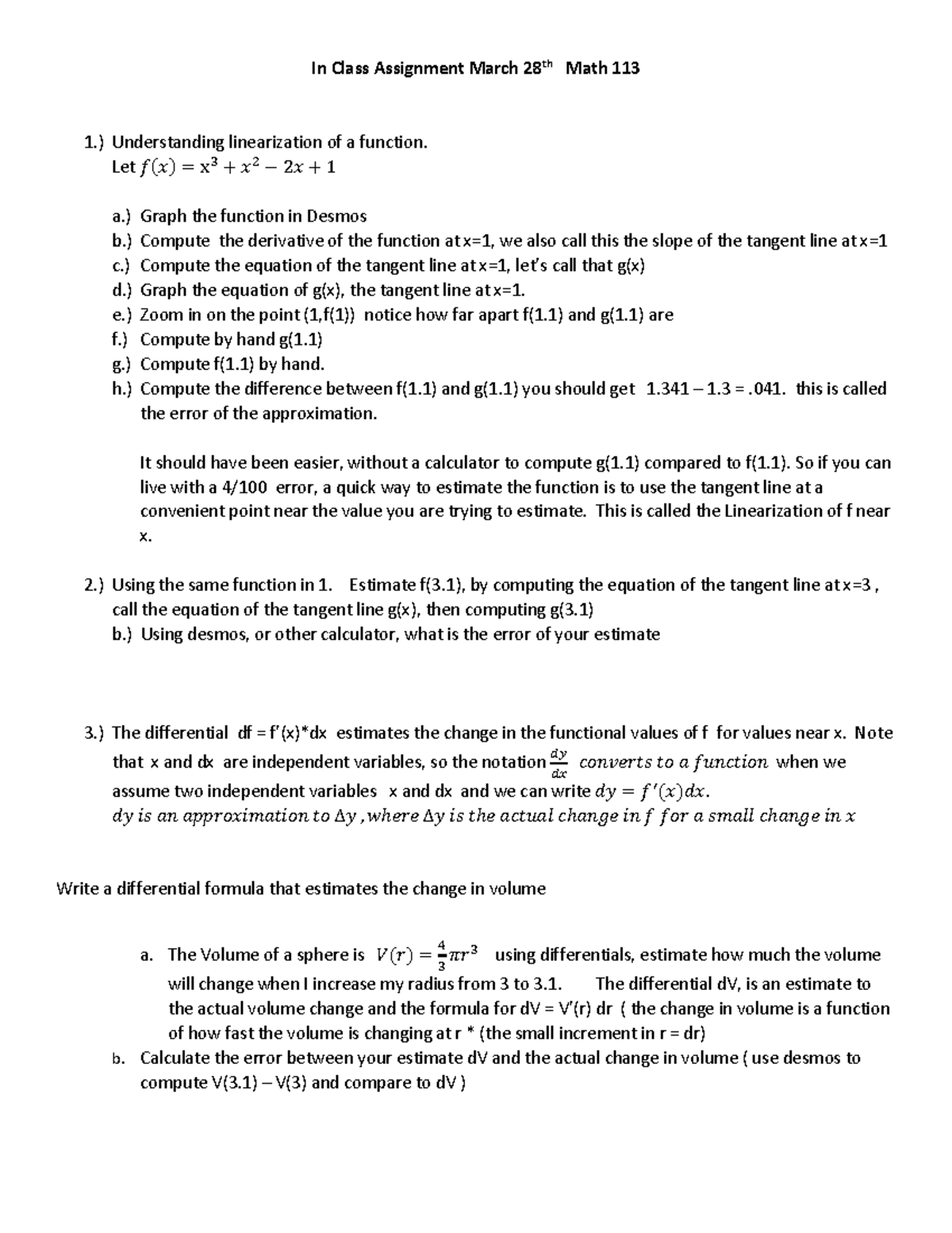In Class Assignment March 28th Math 113 - In Class Assignment March ...